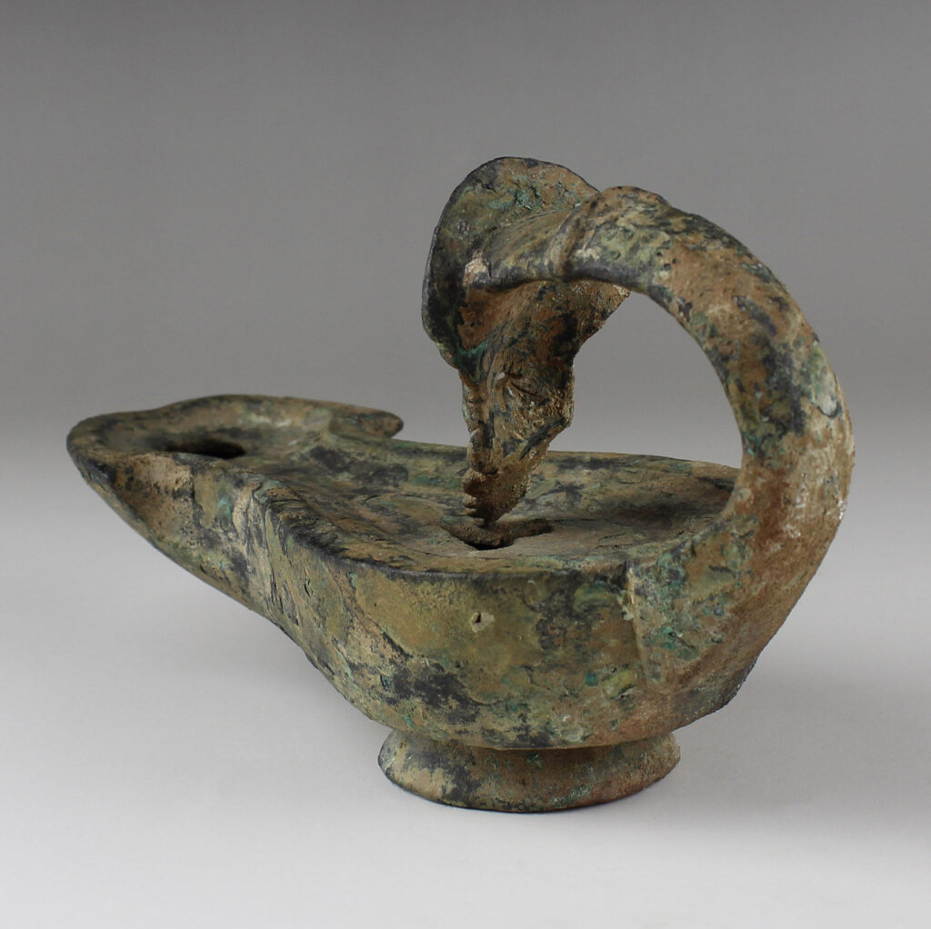 Roman oil lamp with theatre mask handle for sale | Roman Antiquities ...