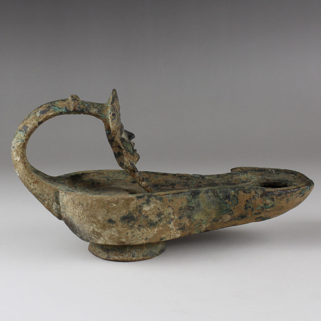 Roman oil lamp with theatre mask handle for sale | Roman Antiquities ...