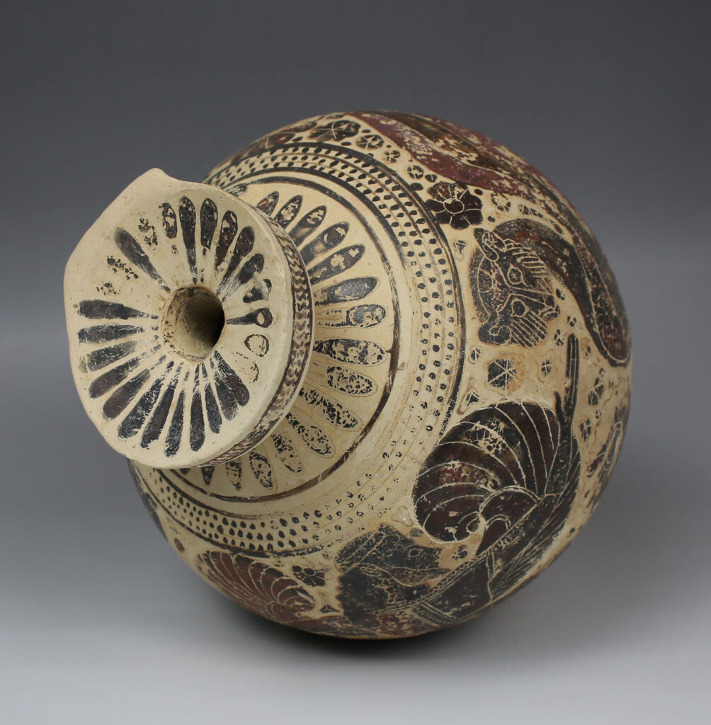 Greek aryballos depicting a winged deity and a panther for sale | Greek ...