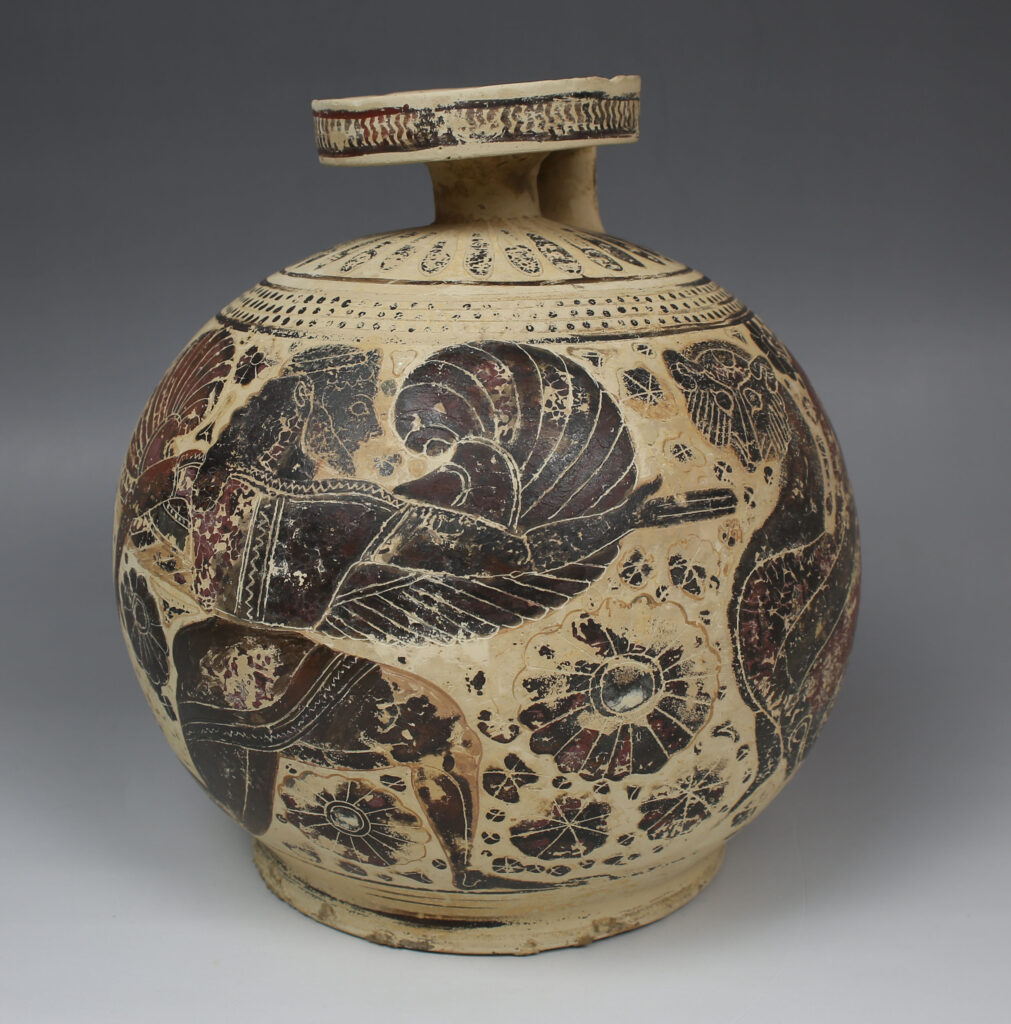 Greek aryballos depicting a winged deity and a panther for sale | Greek ...