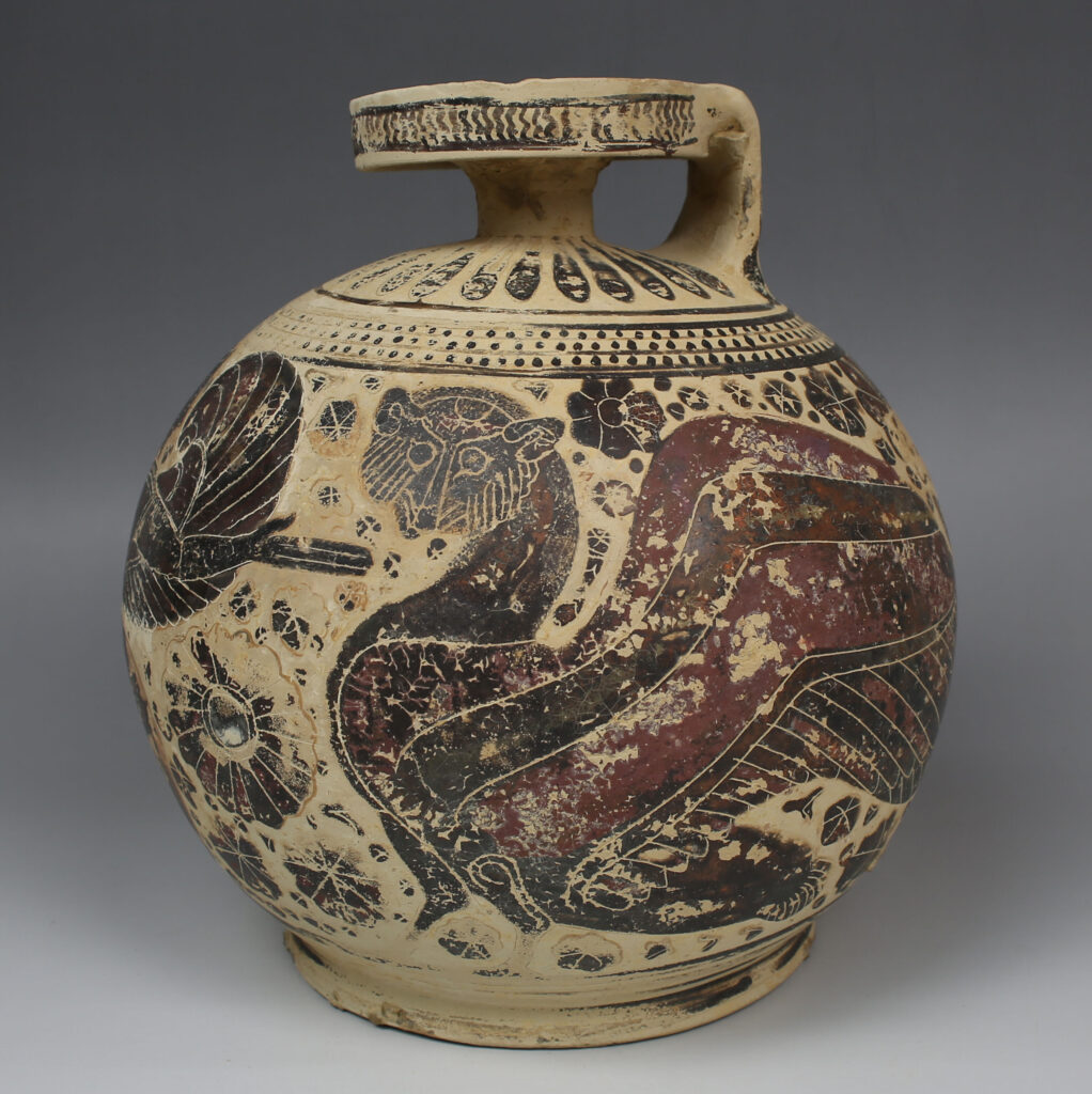 Greek aryballos depicting a winged deity and a panther for sale | Greek ...