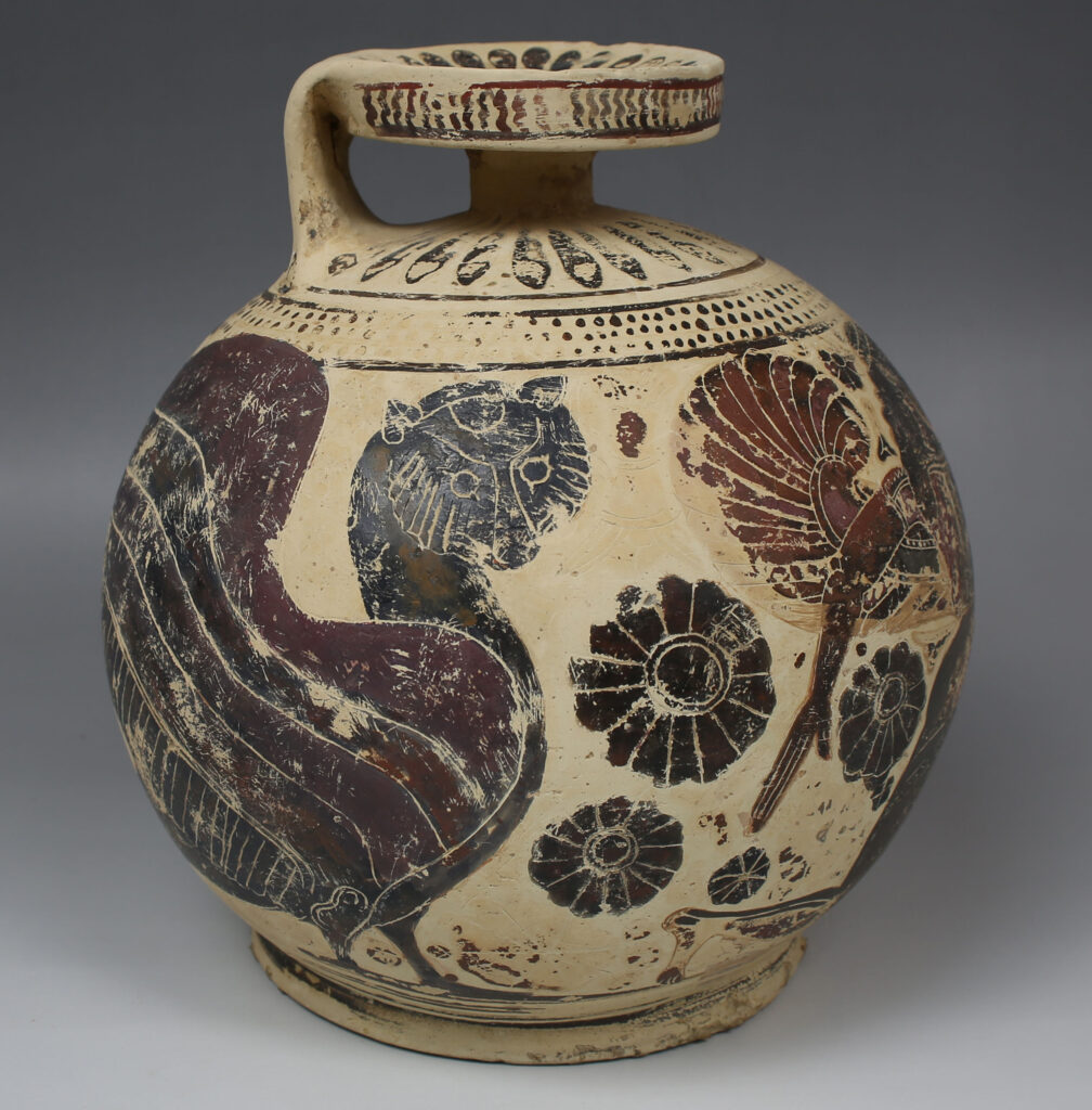 Greek aryballos depicting a winged deity and a panther for sale | Greek ...