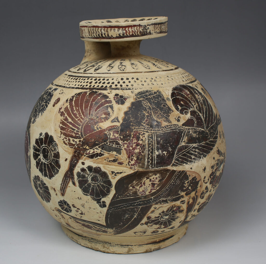 Greek aryballos depicting a winged deity and a panther for sale | Greek ...
